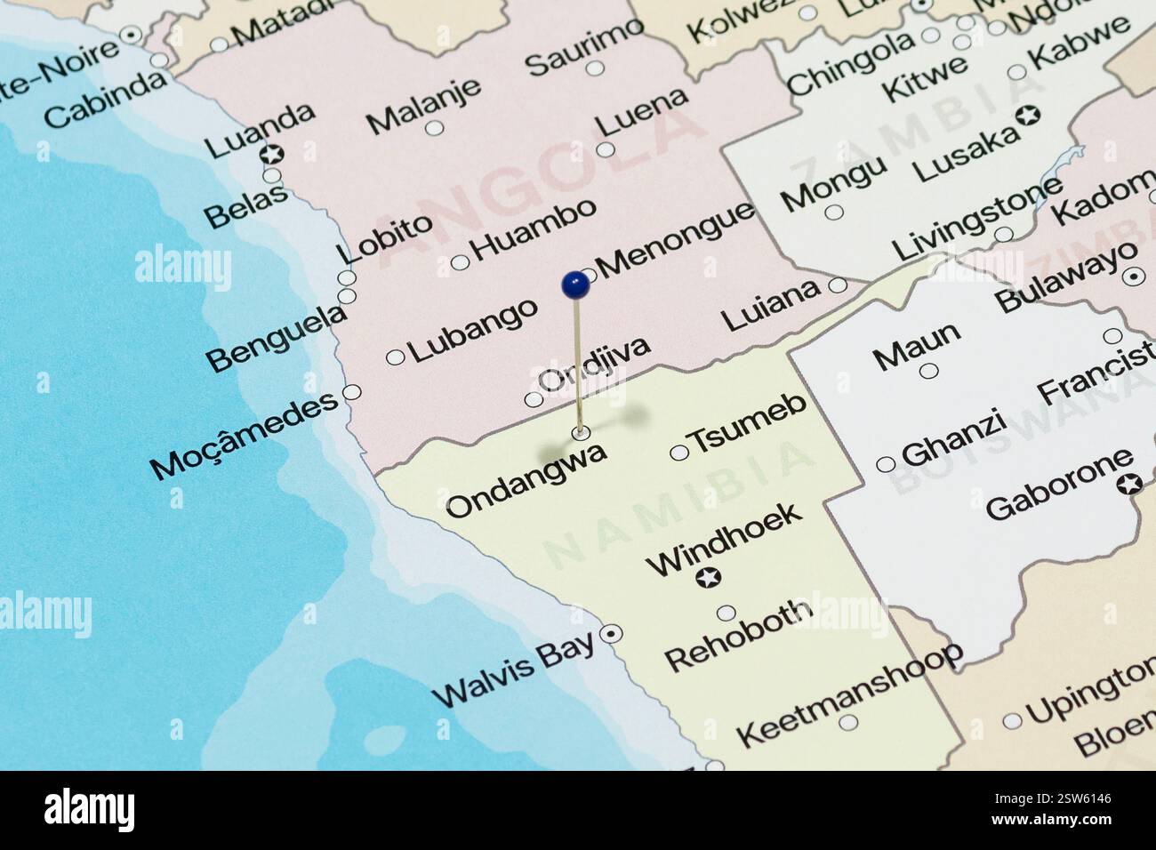 blue pin needle into ondangwa city of namibia political map Stock Photo ...