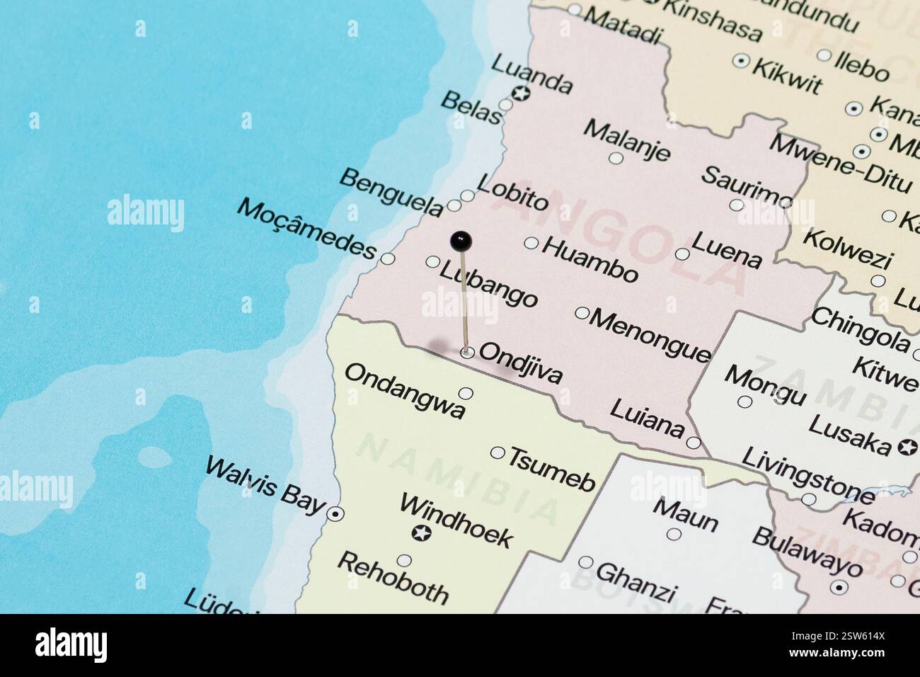 black pin needle into ondjiva city of angola political map Stock Photo ...