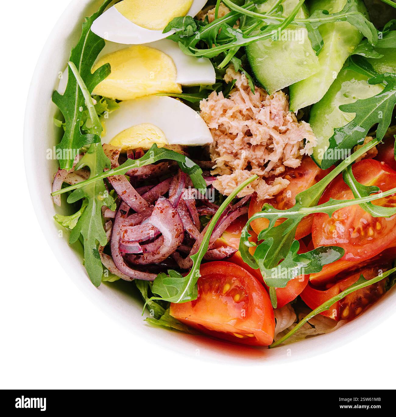 Tuna fish salad with eggs, cucumber, tomatoes and arugula Stock Photo ...