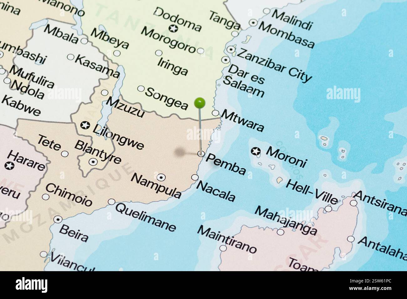 green pin needle into pemba city of mozambique political map Stock ...