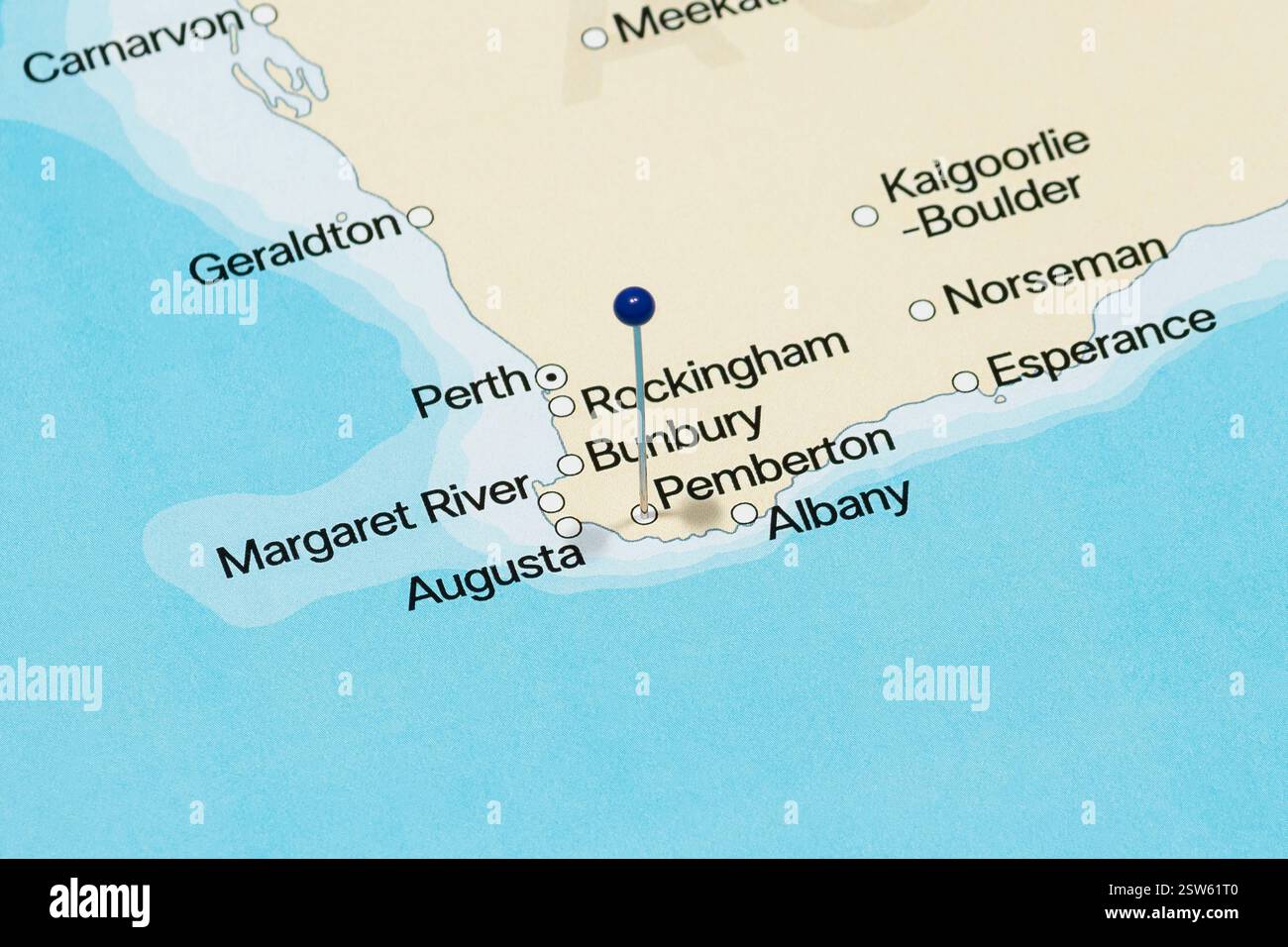 blue pin needle into pemberton city of australia political map Stock ...