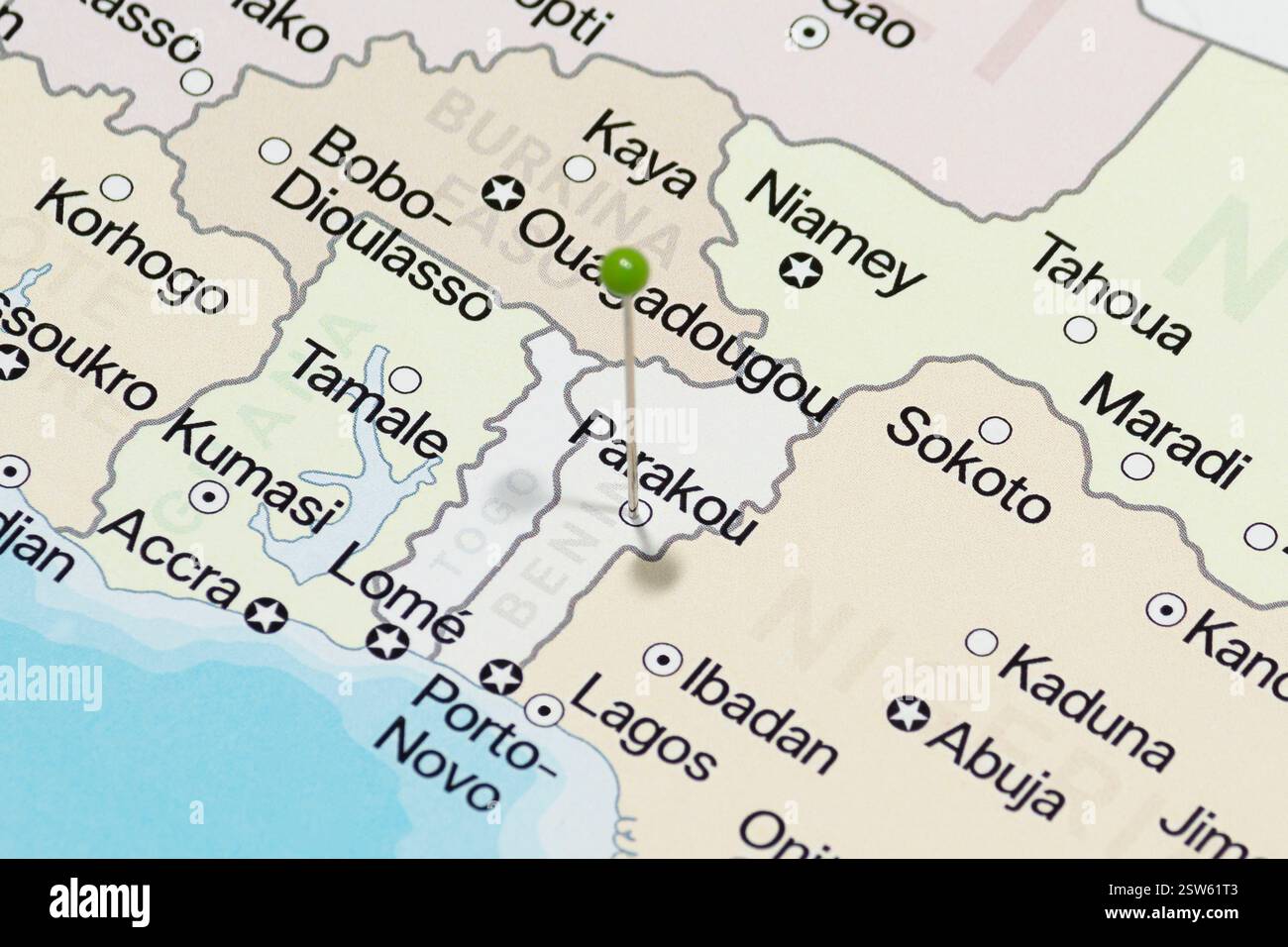 green pin needle into parakou city of benin political map Stock Photo ...