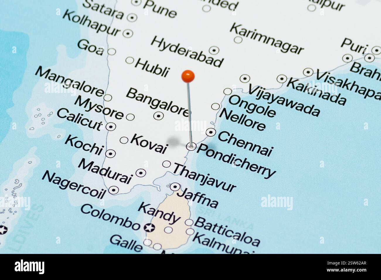 an orange pin needle into pondicherry city of india political map Stock ...