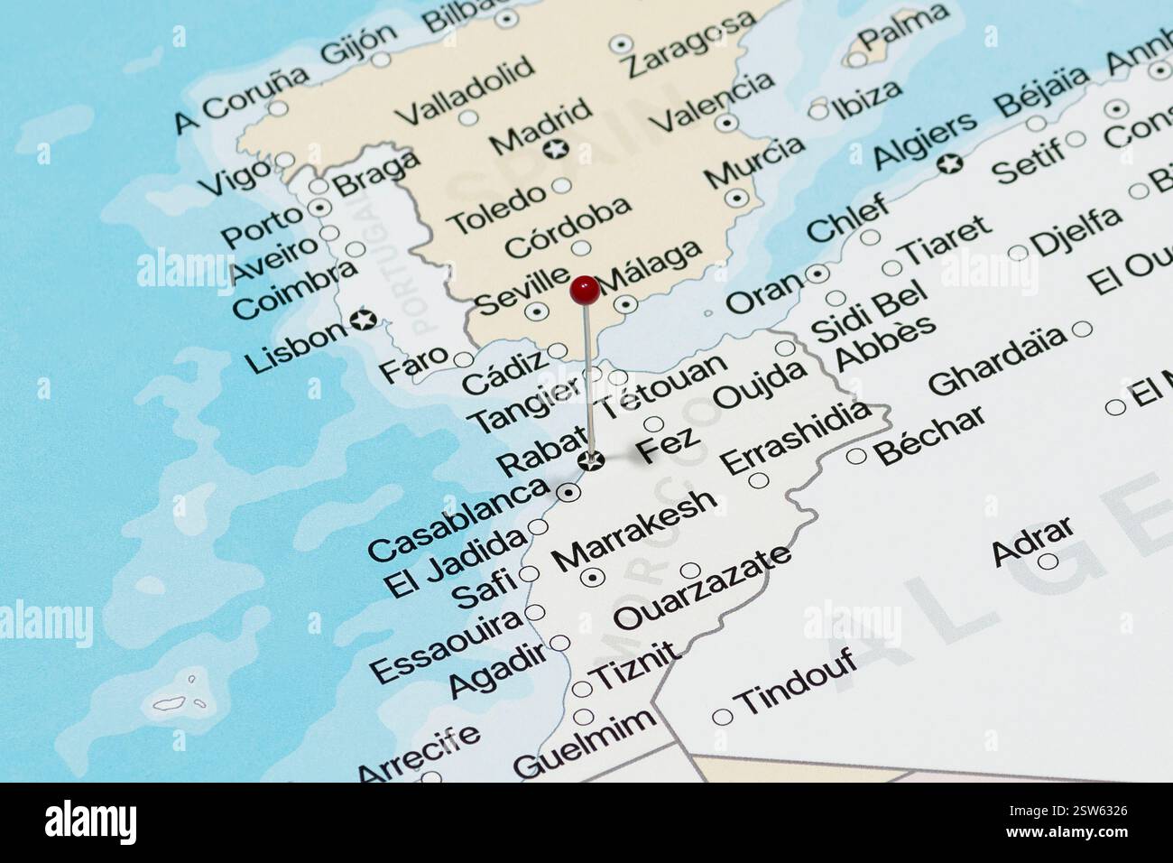 red pin needle into rabat city of morocco political map Stock Photo - Alamy