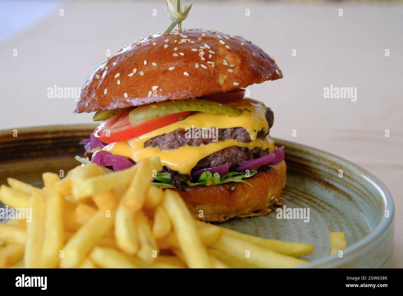 Juicy double cheeseburger with melted cheese served with a side of ...