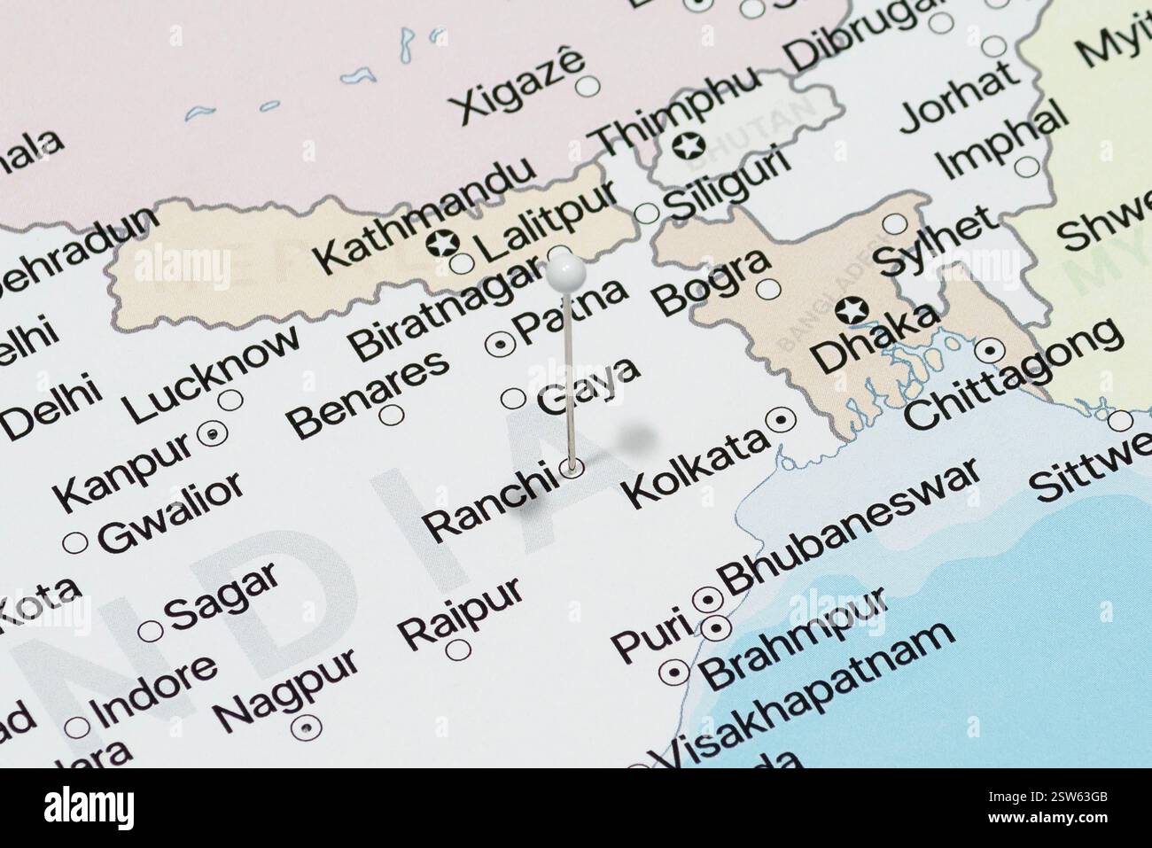 white pin needle into ranchi city of india political map Stock Photo ...