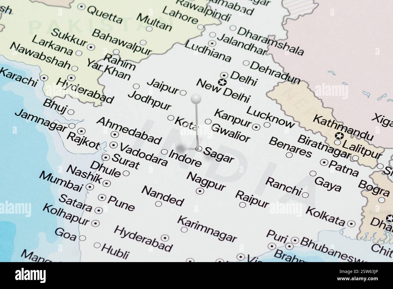 white pin needle into sagar city of india political map Stock Photo - Alamy