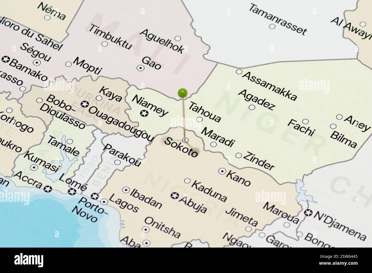 green pin needle into sokoto city of nigeria political map Stock Photo ...
