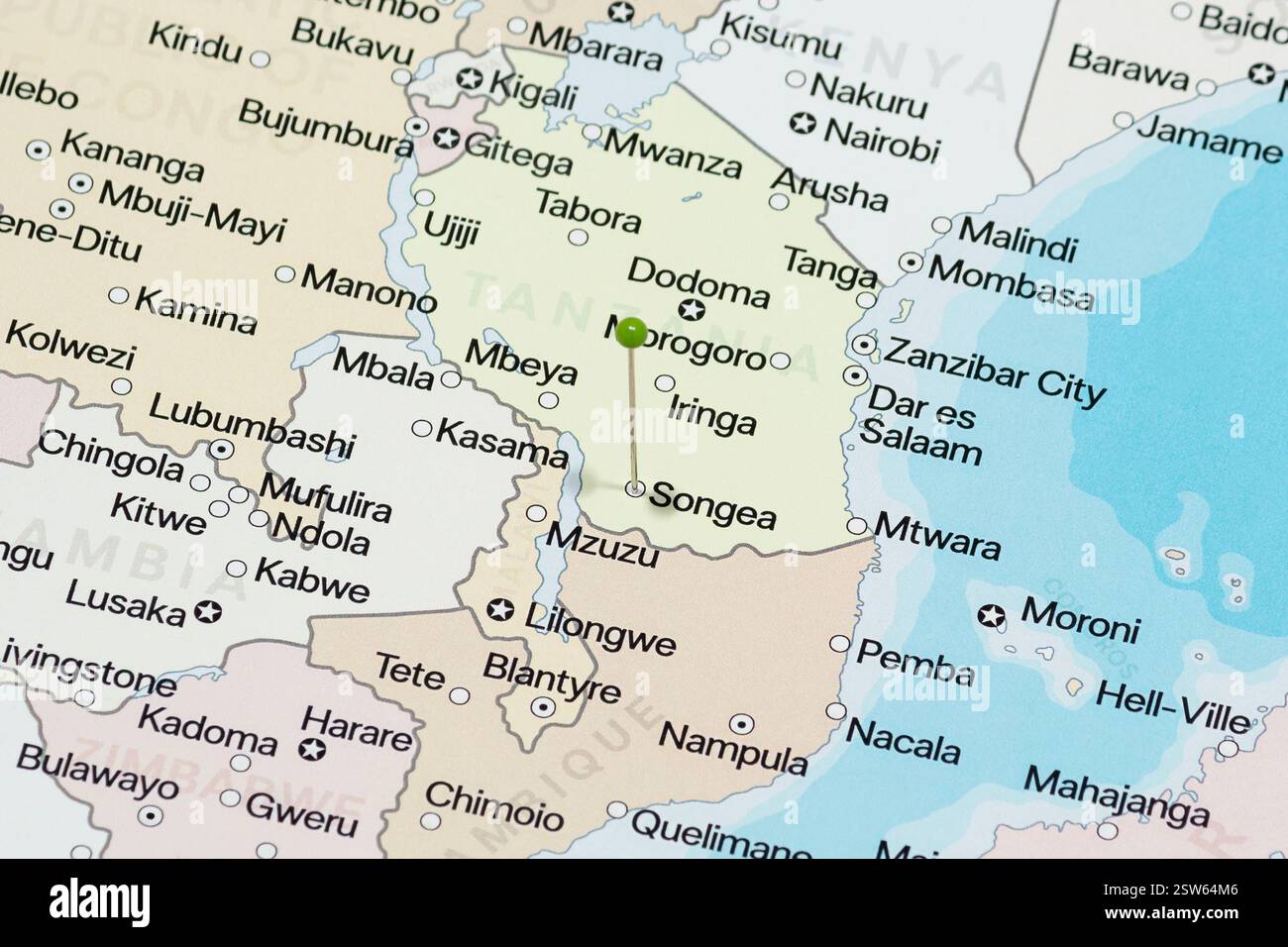 green pin needle into songea city of tanzania political map Stock Photo ...