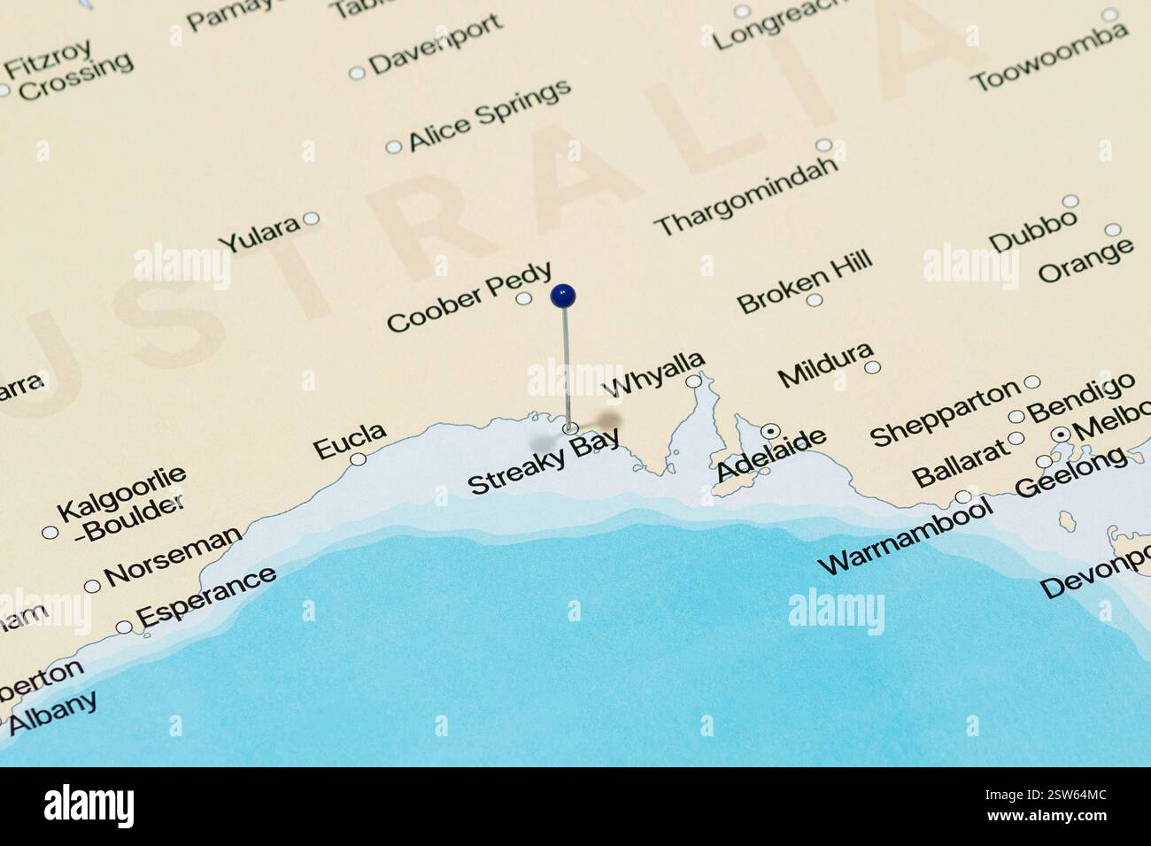 blue pin needle into streaky bay city of australia political map Stock ...