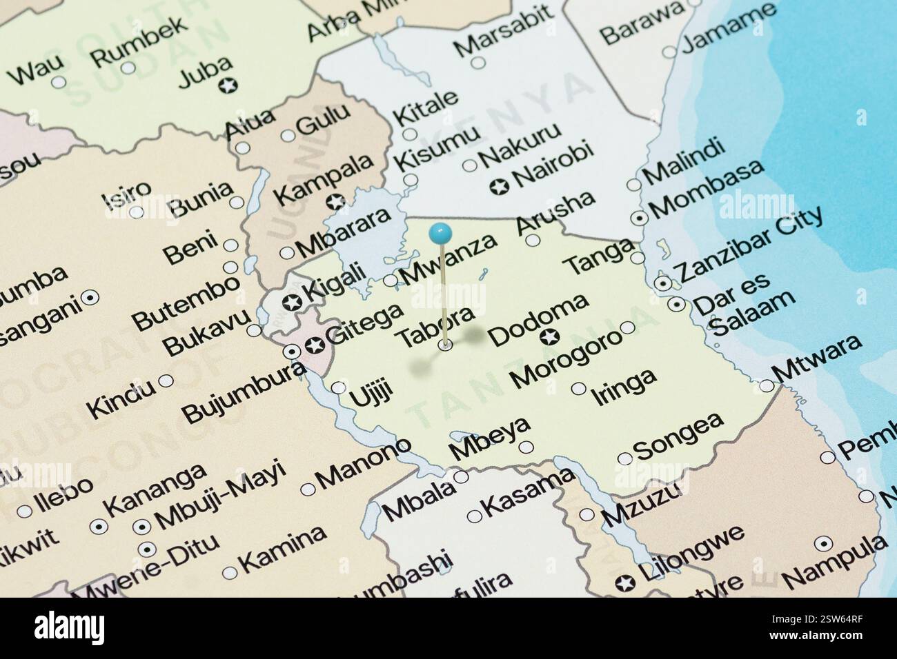 light blue pin needle into tabora city of tanzania political map Stock ...