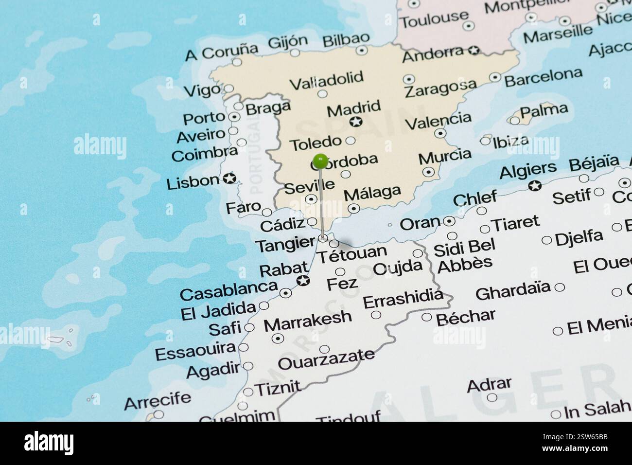 green pin needle into tangier city of morocco political map Stock Photo ...