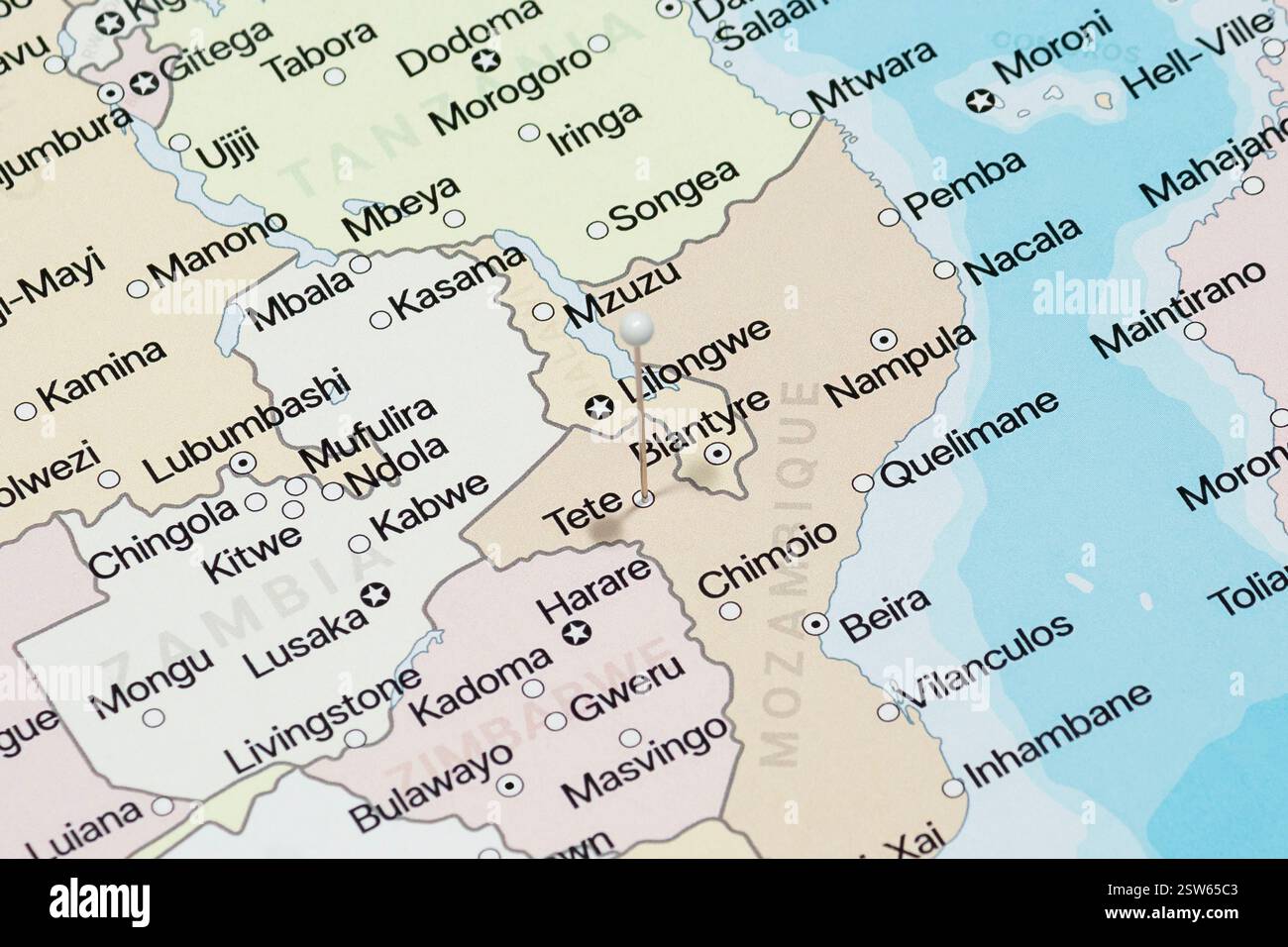 white pin needle into tete city of mozambique political map Stock Photo ...