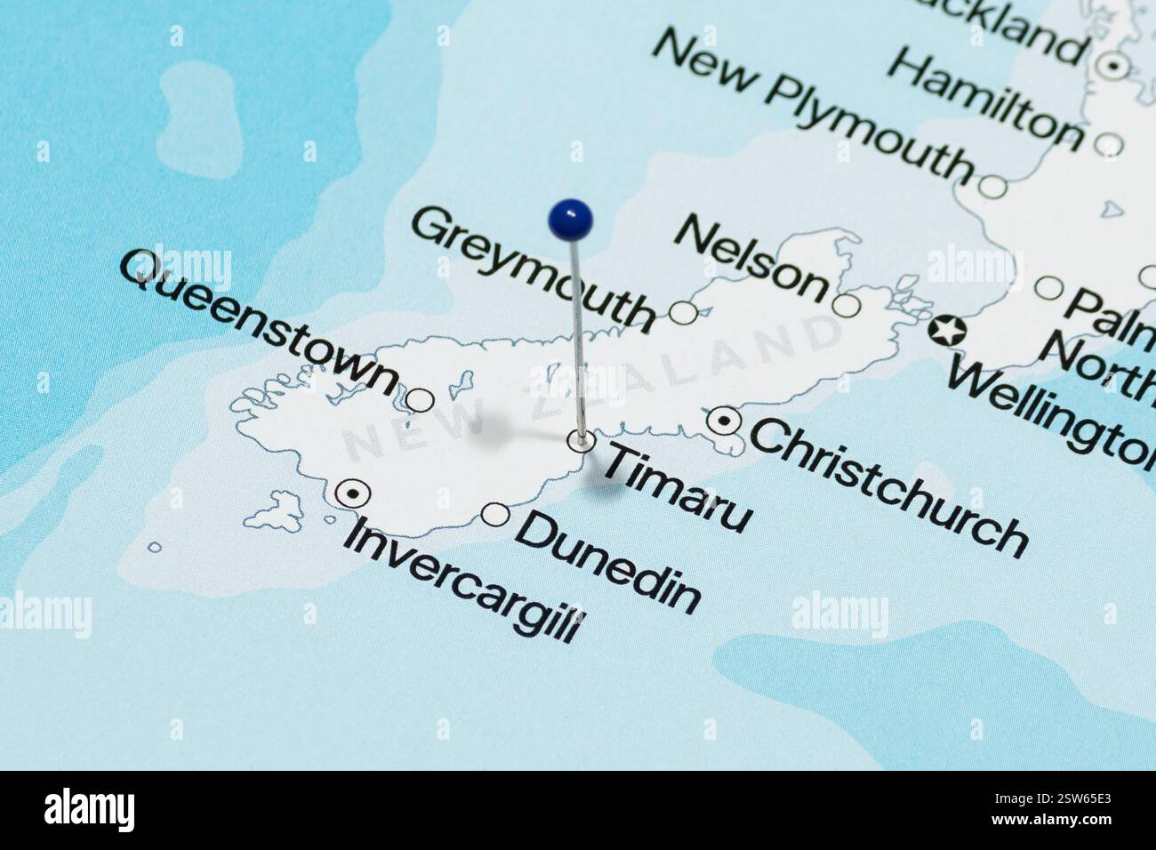 blue pin needle into timaru city of new zealand political map Stock ...