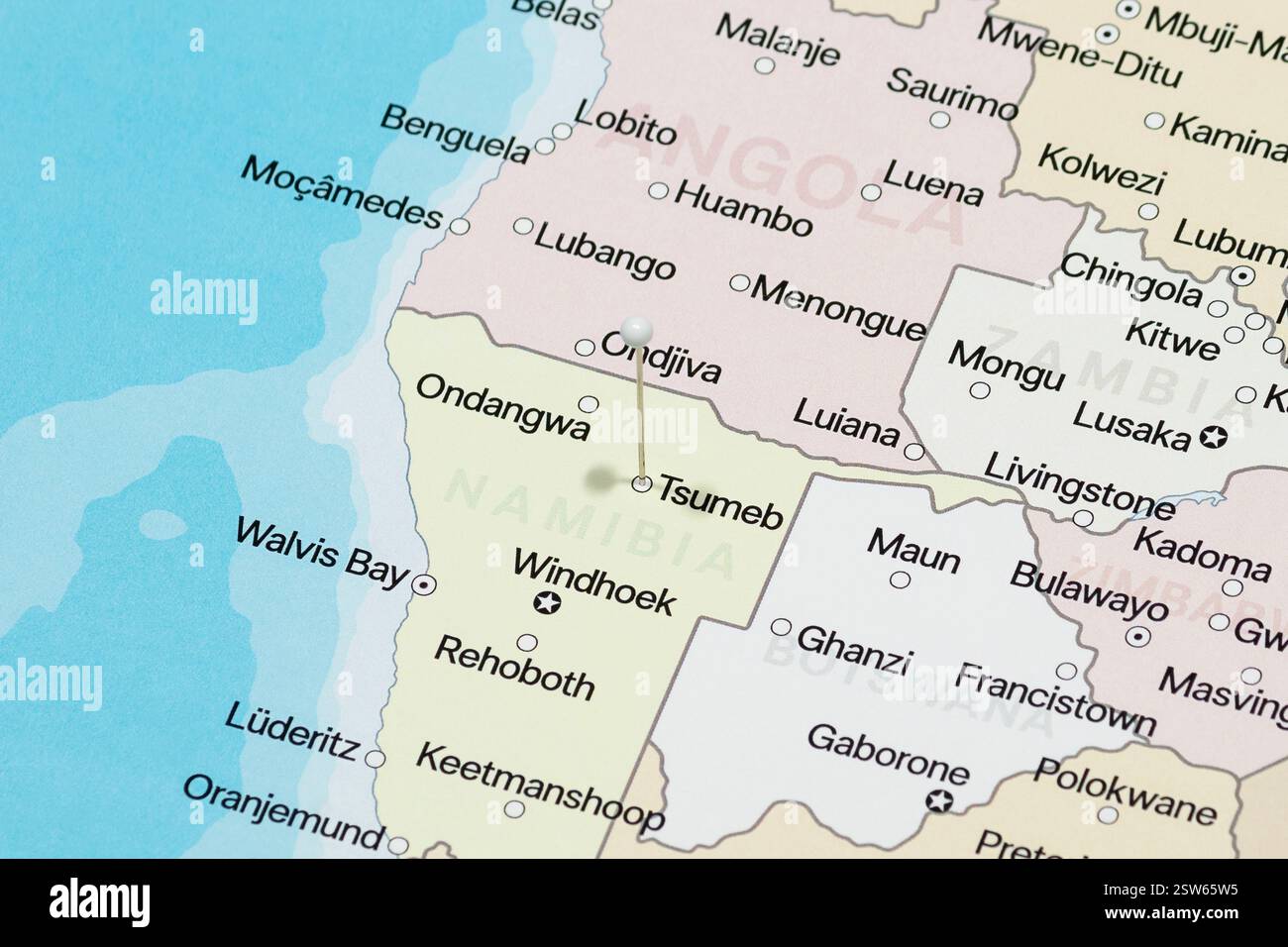 white pin needle into tsumeb city of namibia political map Stock Photo ...