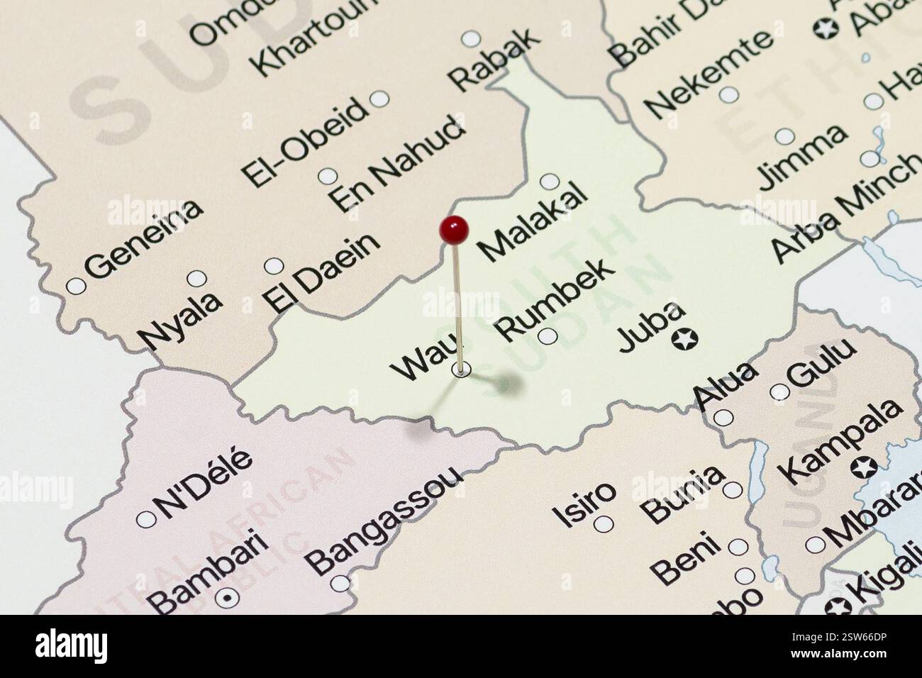 red pin needle into wau city of south sudan political map Stock Photo ...