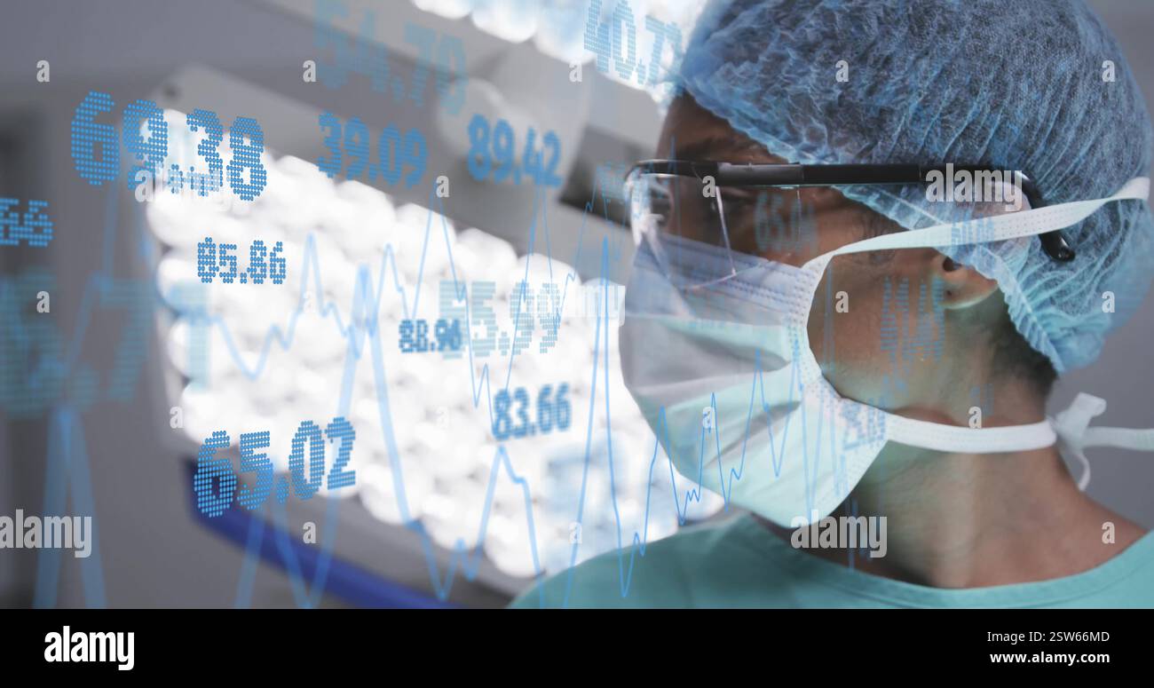 Image of data processing over african american female surgeon in ...