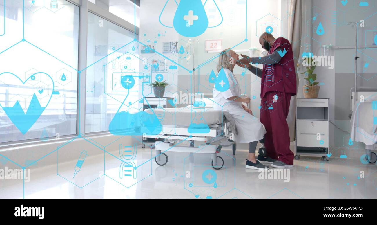 Image of network of medical icons over diverse male doctor giving ...