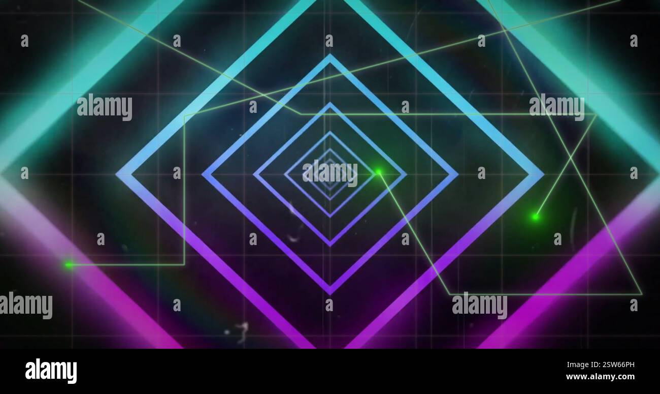 Image of glowing blue and purple diamond tunnel over green network on ...