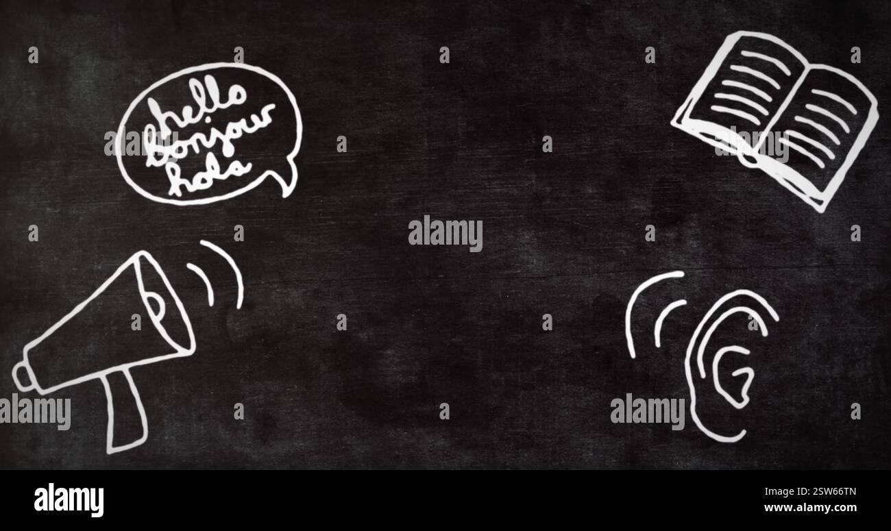 Image of communication icons on black background Stock Photo - Alamy