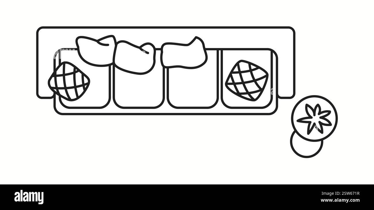 Vector illustration of a long sofa with decorative pillows and a side ...