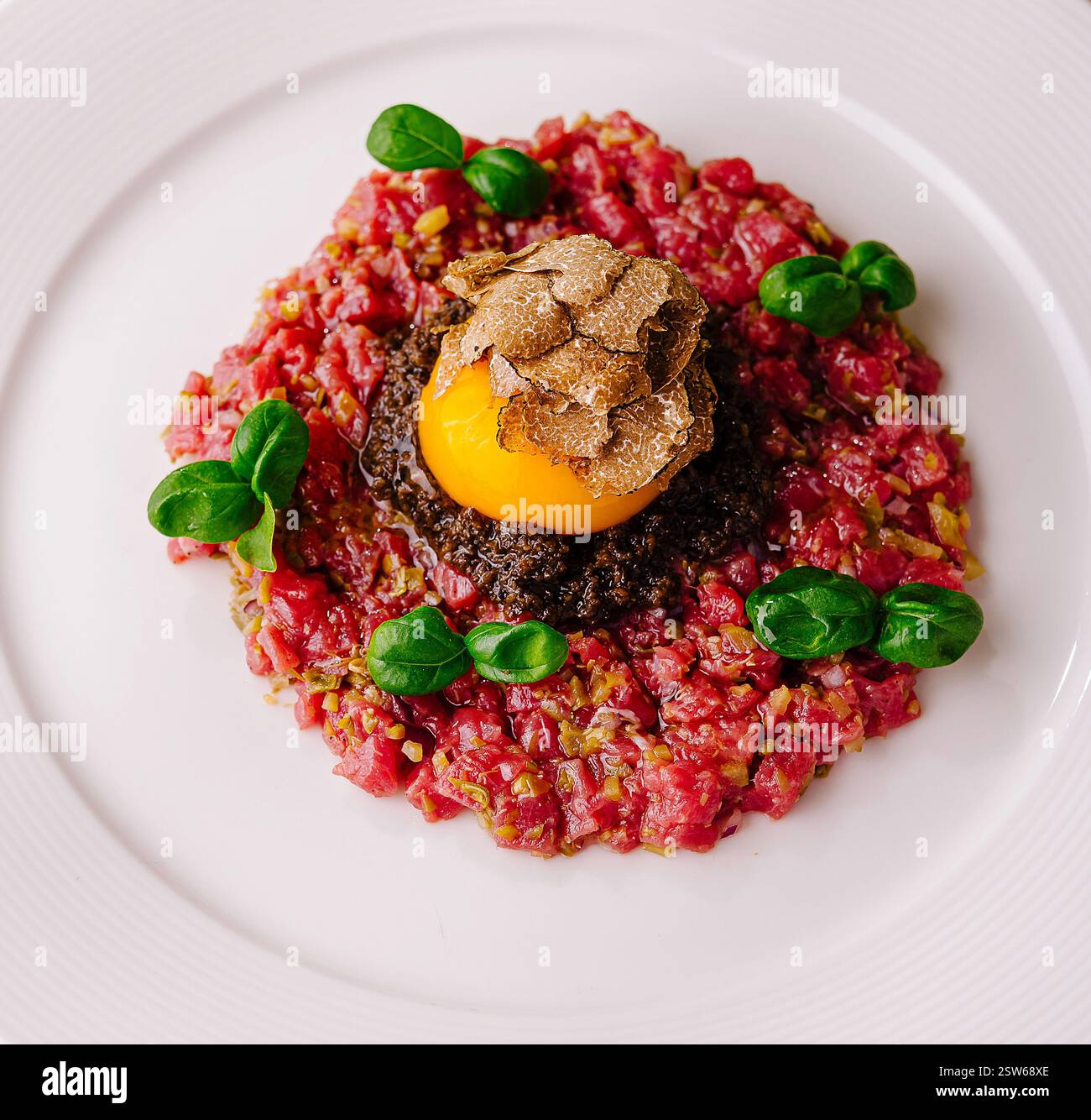 Gourmet tartare with quail egg and truffle Stock Photo - Alamy