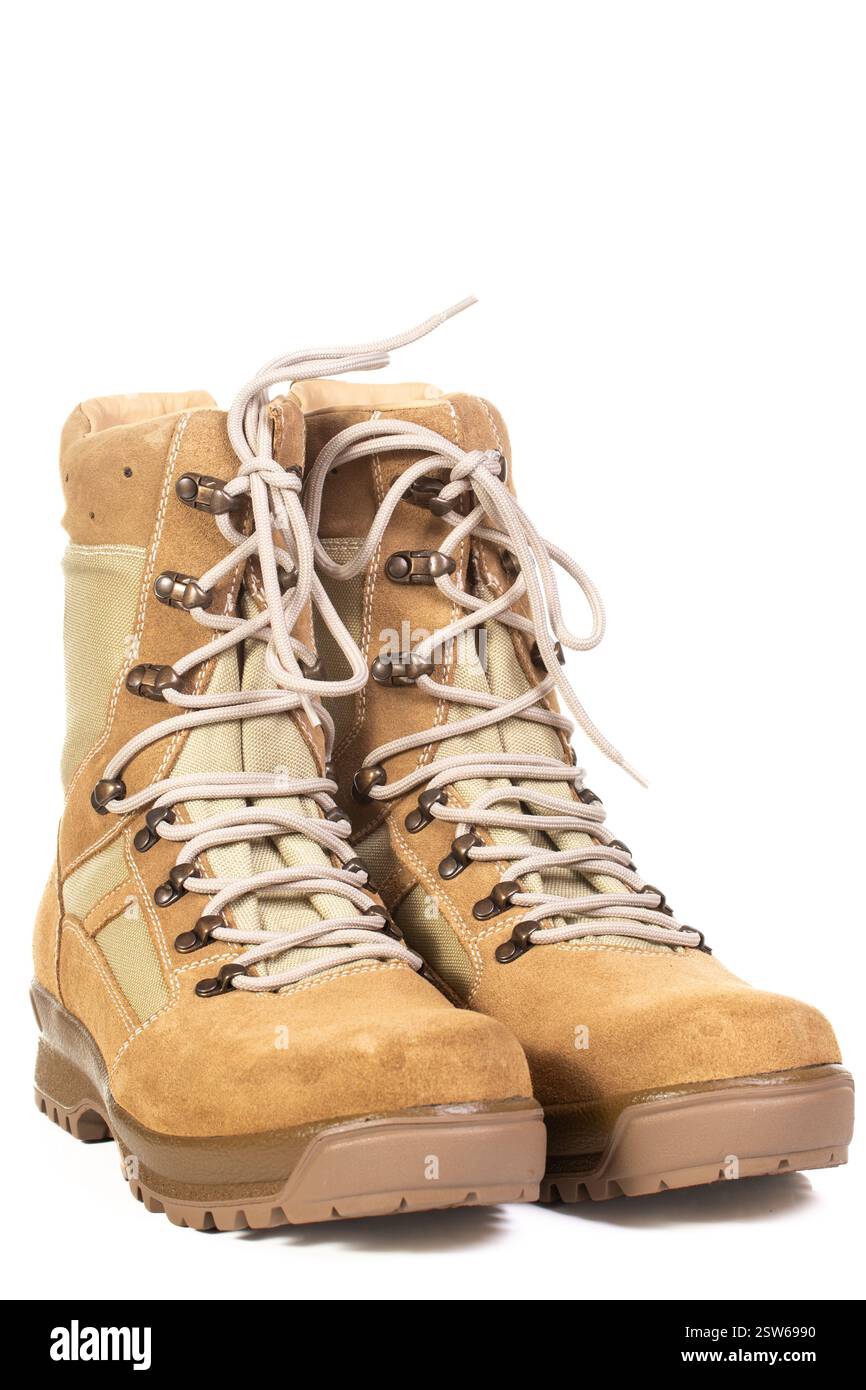 Detailed view of a pair of sturdy brown military boots. Features ...