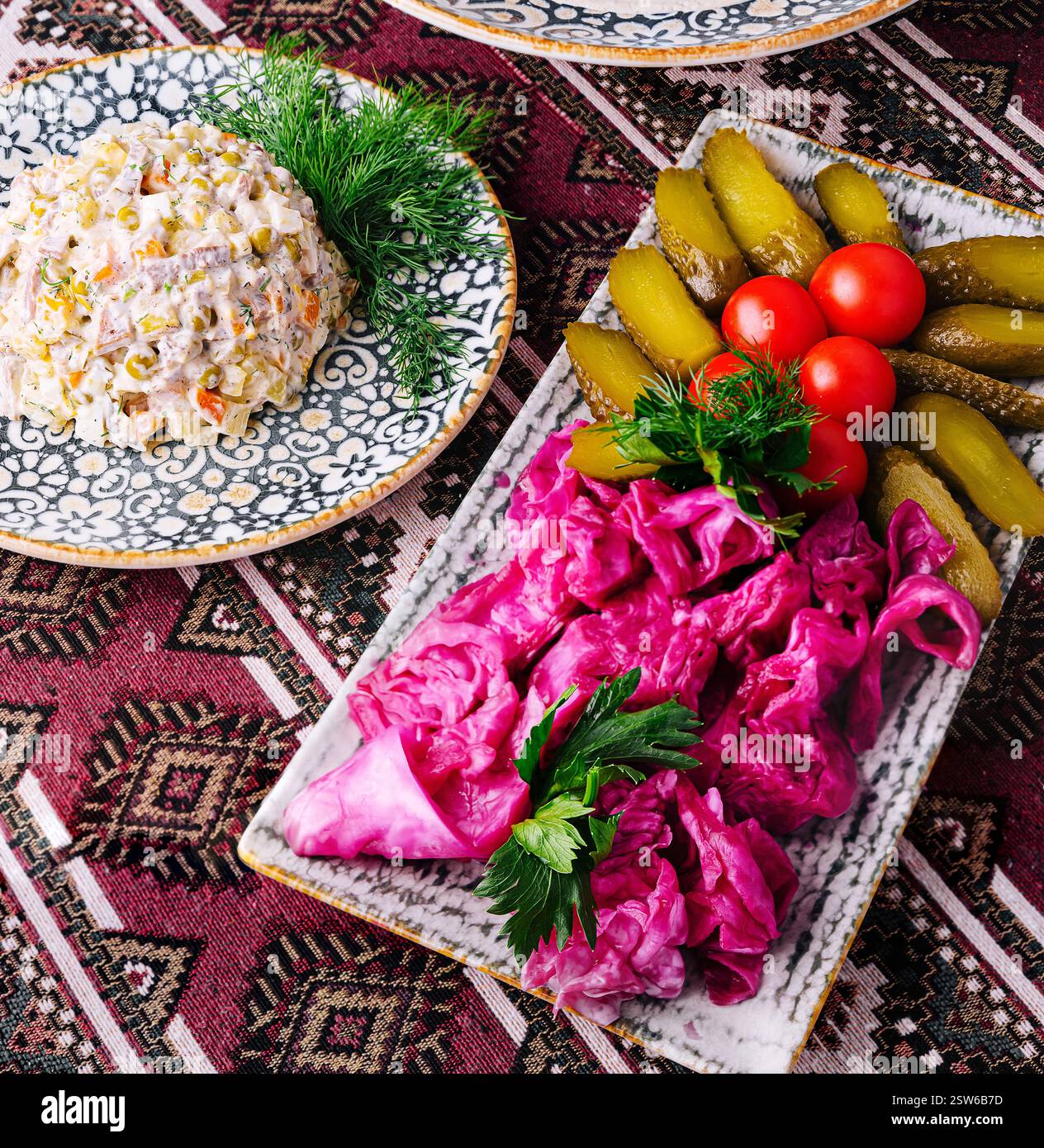 Vibrant display of slavic dishes featuring pickles, cabbage, and ...