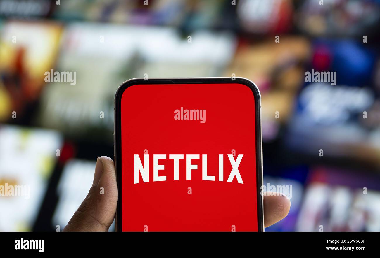 Dhaka, Bangladesh- 06 Oct 2024: Netflix logo is displayed on smartphone ...