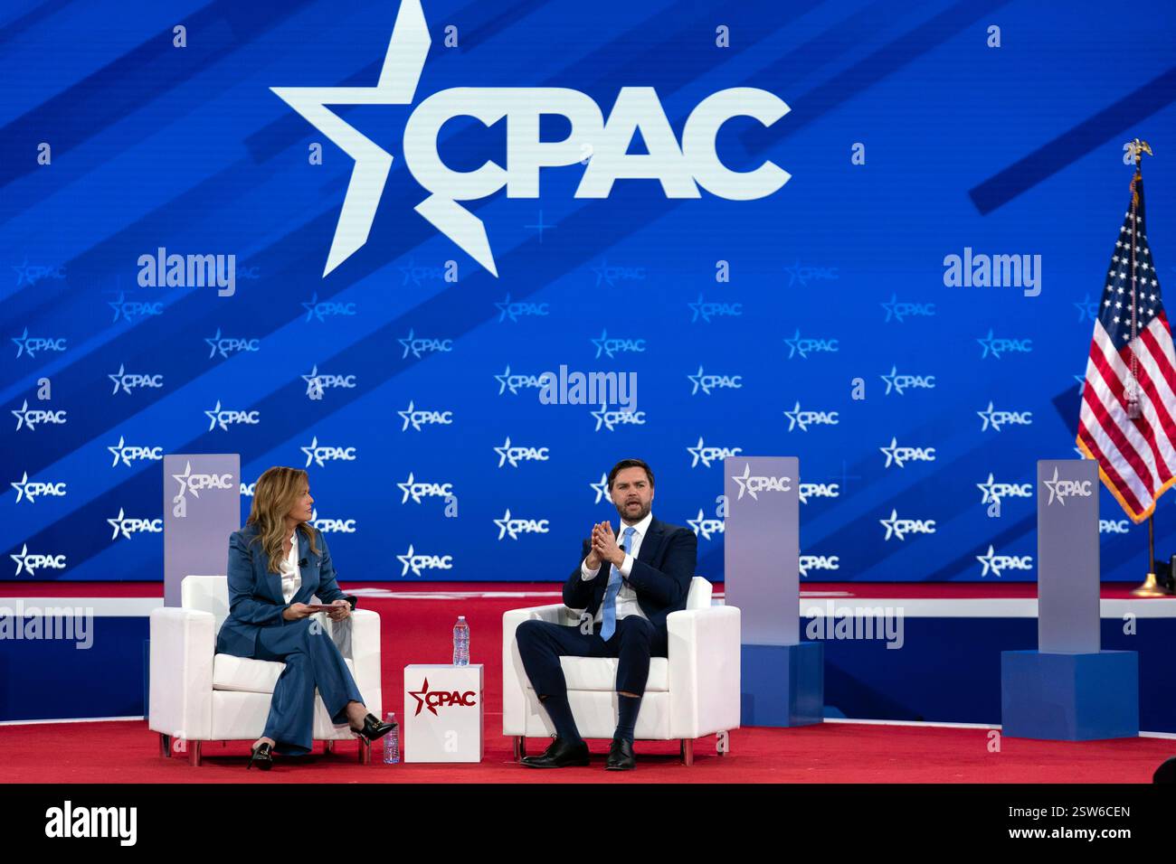 Vice President JD Vance, right, speaks in a conversation with Mercedes ...