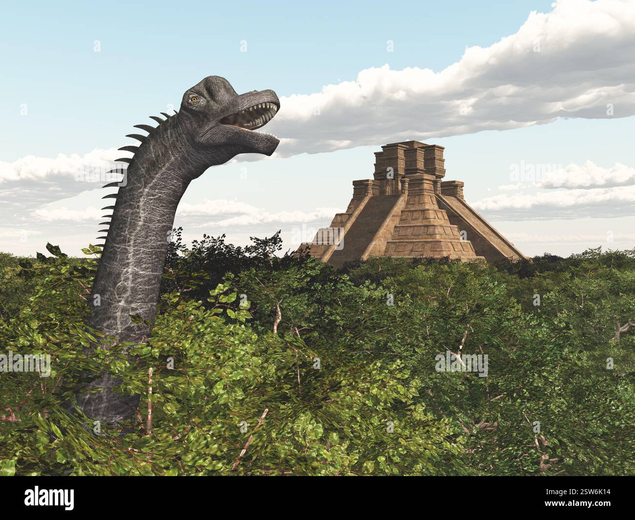 Dinosaur Brachiosaurus and Mayan pyramide in a rainforest Stock Photo ...