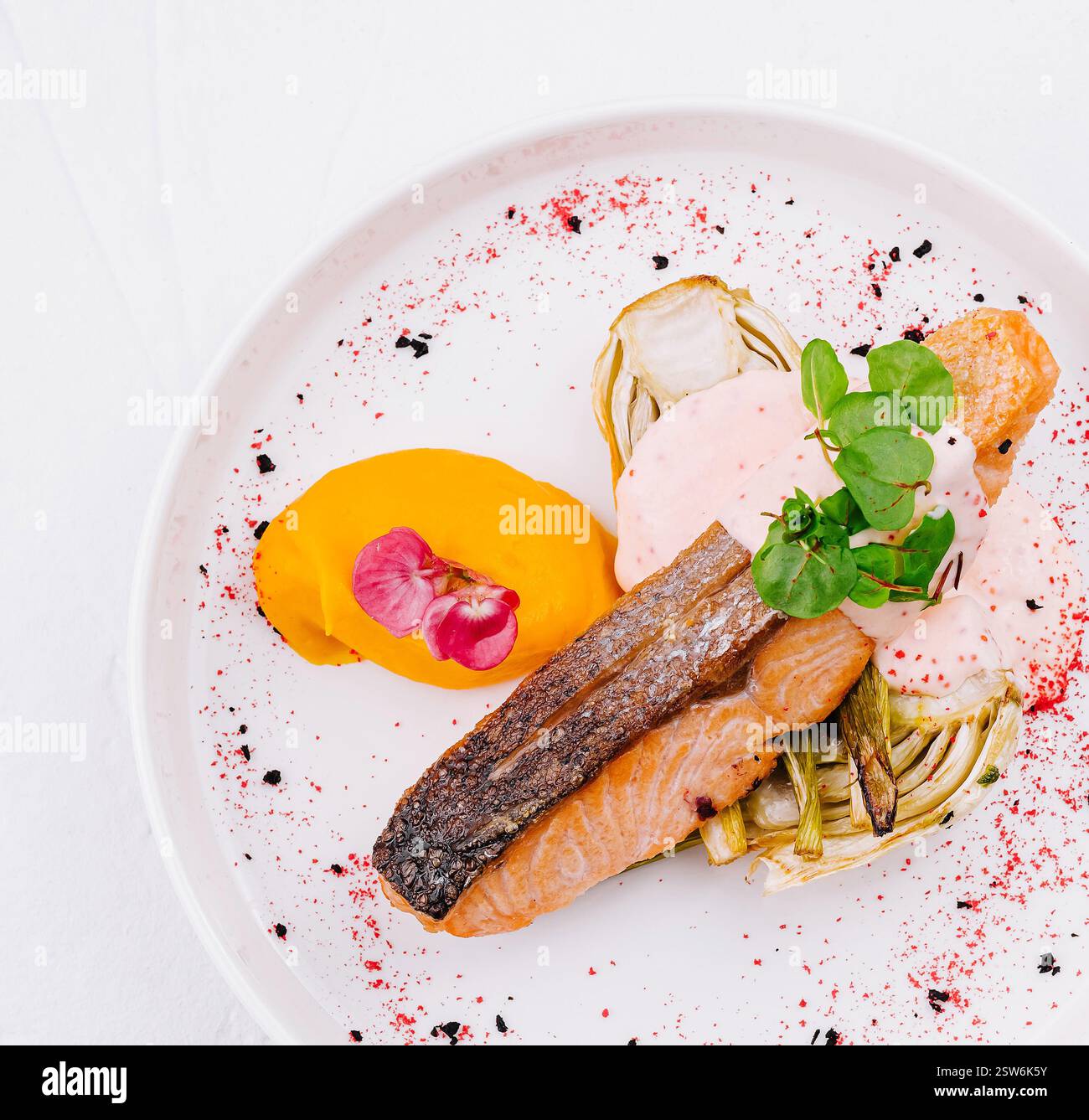 Gourmet salmon dish with colorful garnish Stock Photo - Alamy
