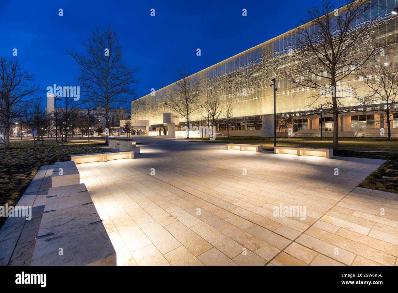 WASHINGTON DC — The Dwight D. Eisenhower Memorial glows with dramatic ...