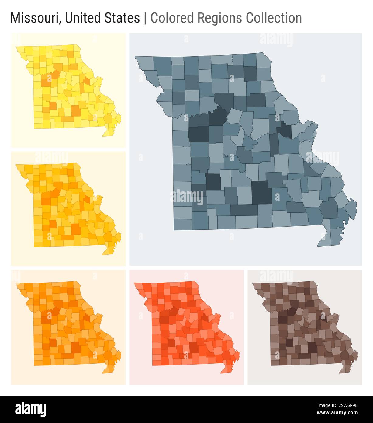 Missouri, United States. Map collection. State shape. Colored counties ...