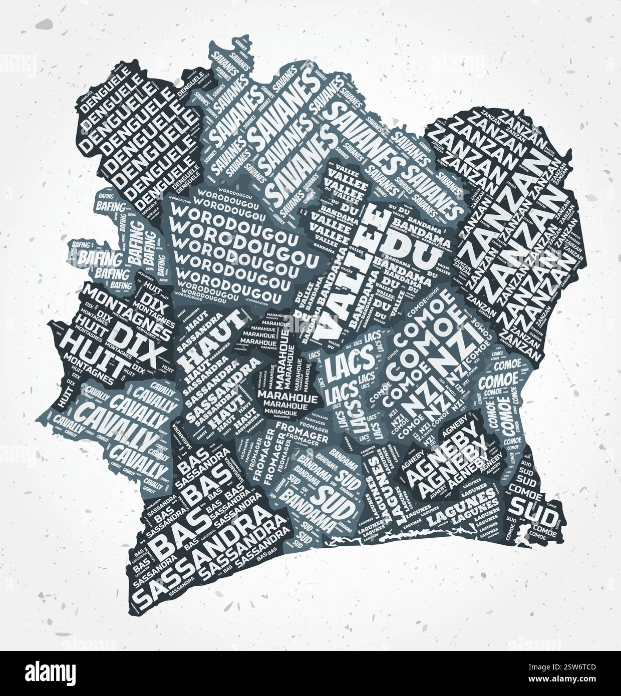 Cote d'Ivoire regions word clouds. Country shape on textured background ...