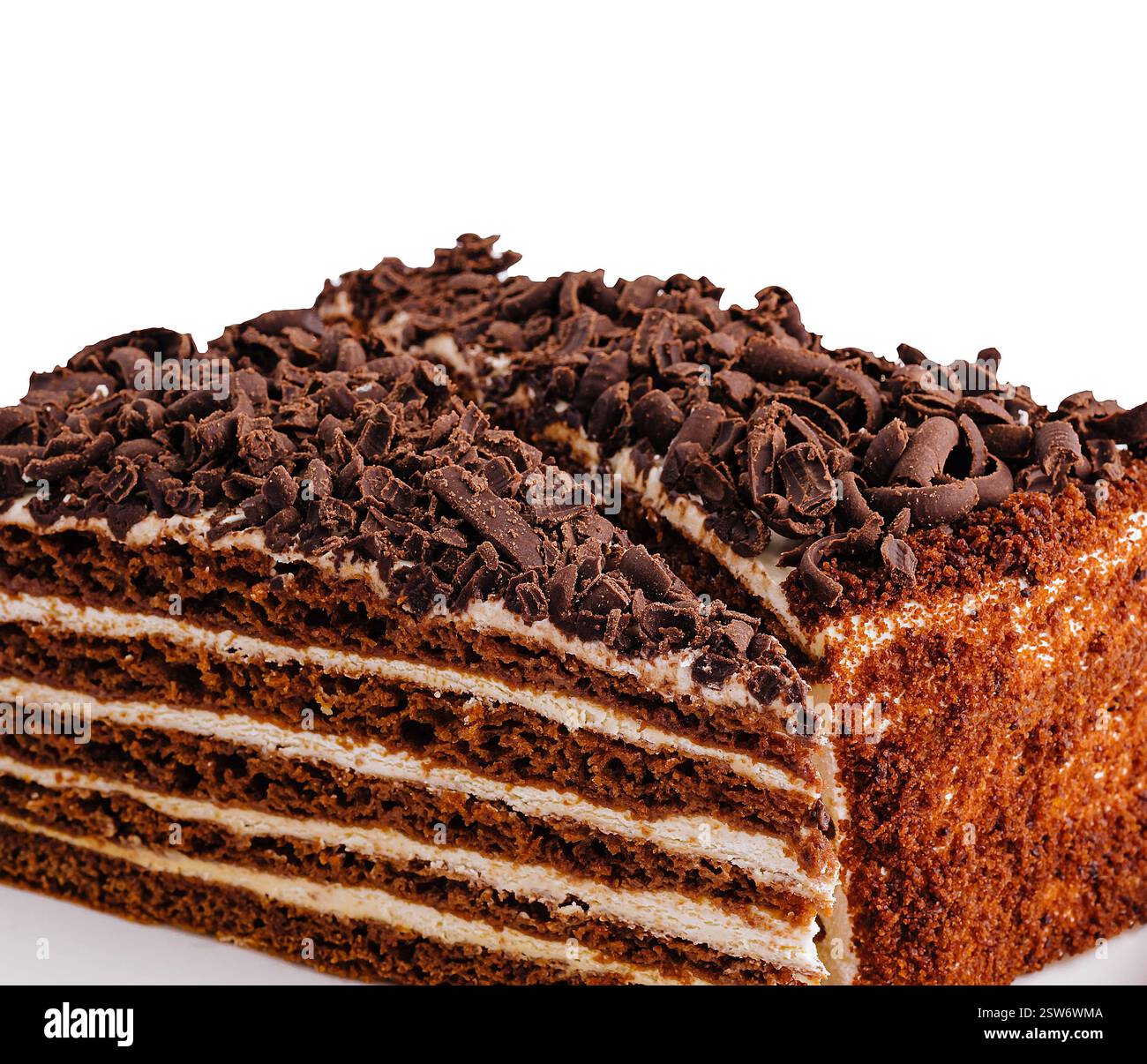 Chocolate layer cake slice on white plate Stock Photo - Alamy