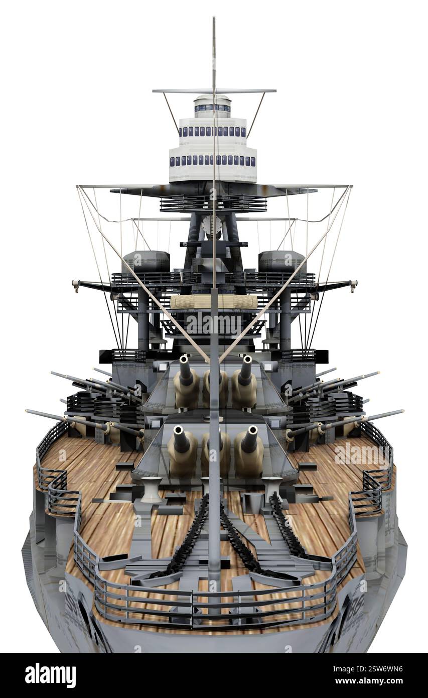 Front view of an American battleship of World War II isolated on white ...