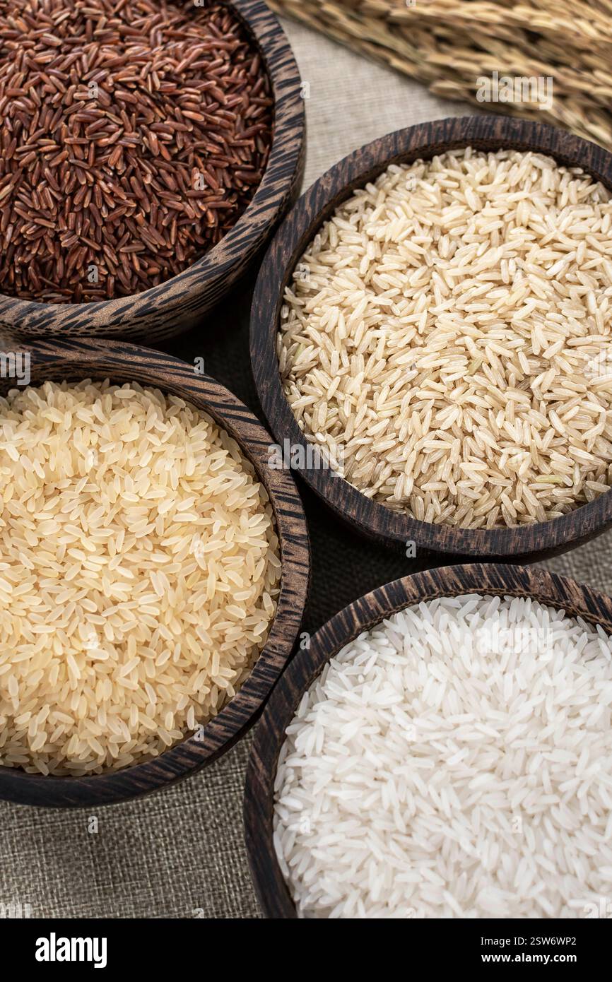different kinds of asian rice grains in rustic setting display in ...