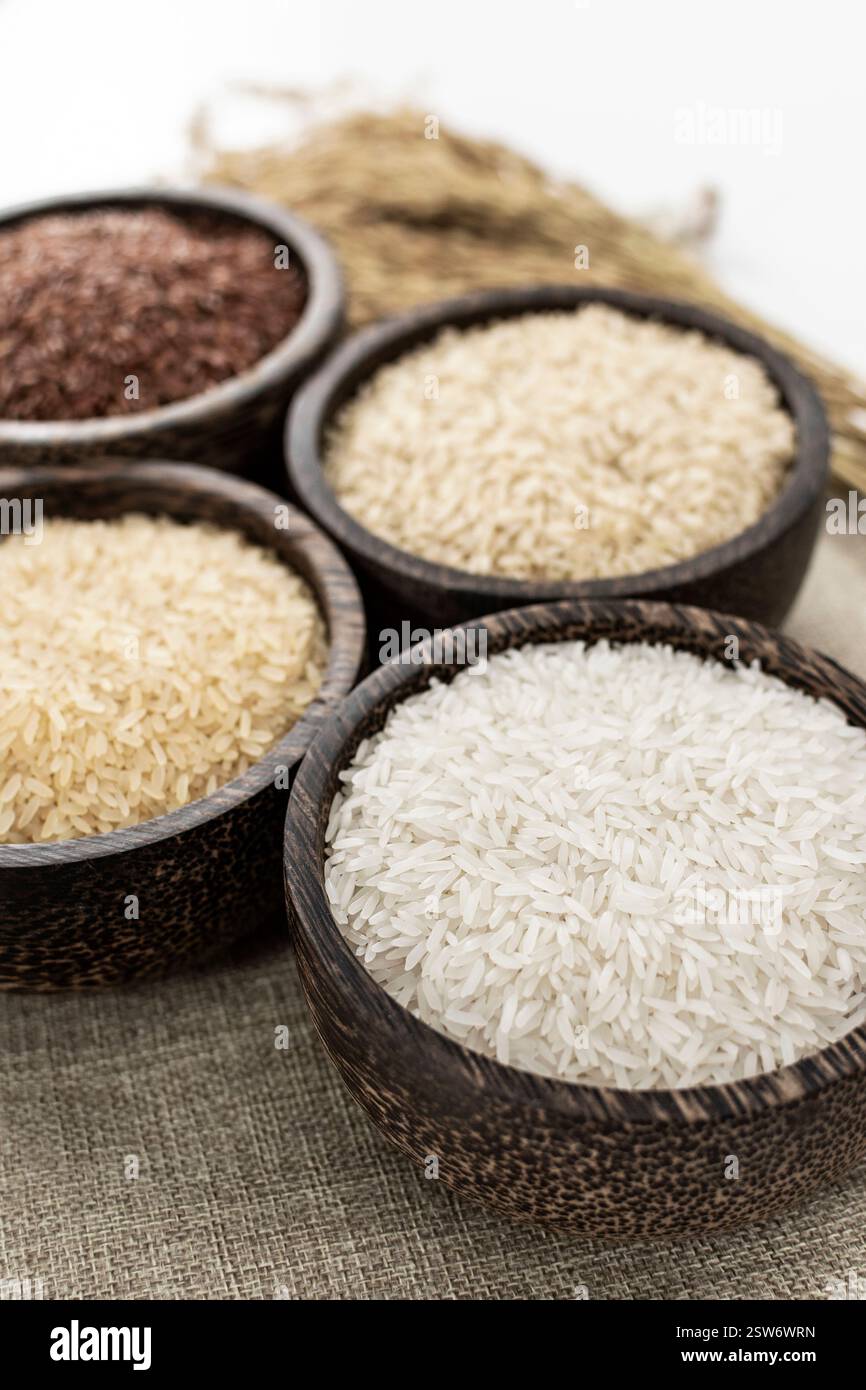 different kinds of asian rice grains in rustic setting display in ...
