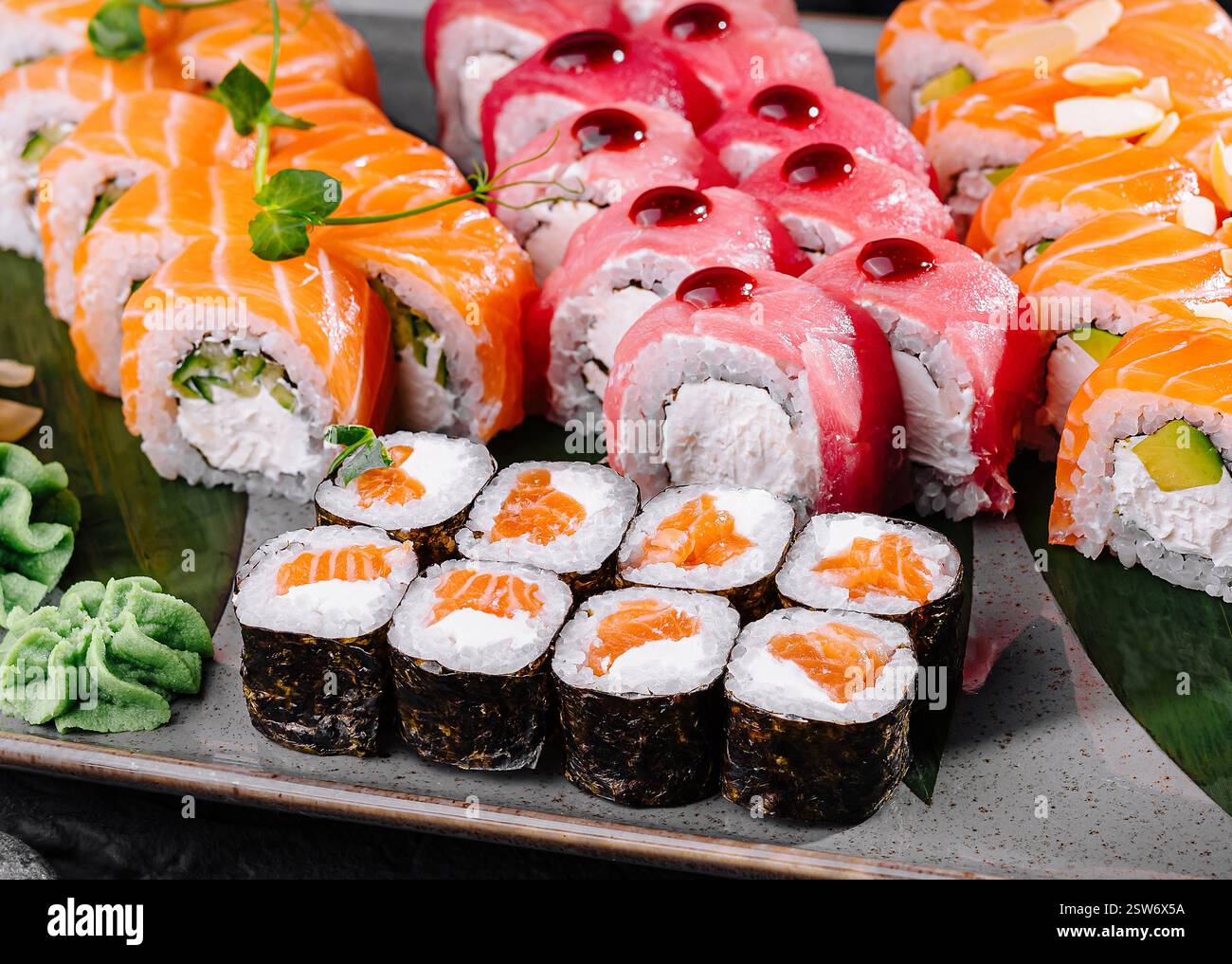 Elegant sushi set featuring various rolls and sashimi on a modern plate ...