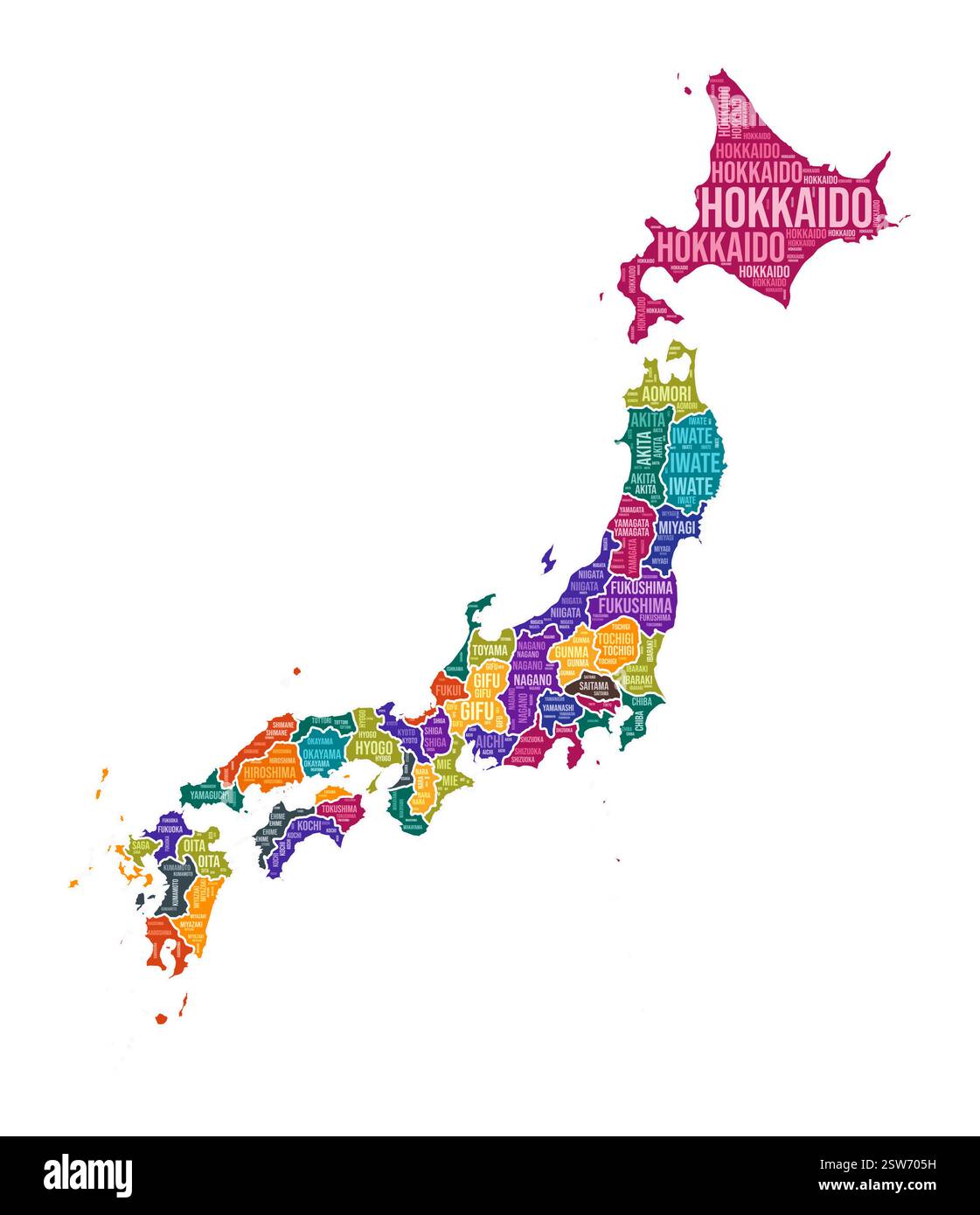 Japan shape. Country word cloud with region division. Japan colored ...