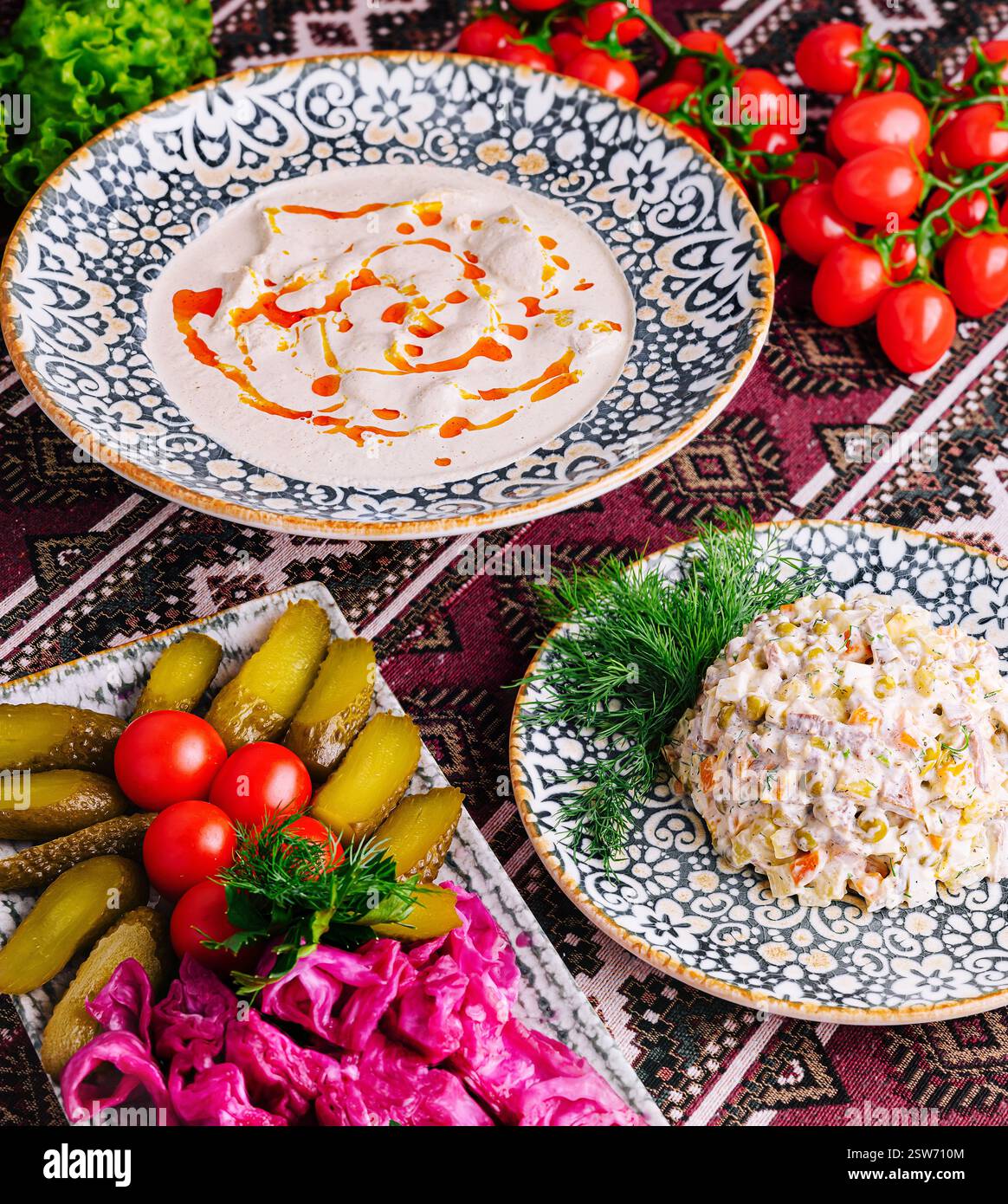 Vibrant display of slavic dishes featuring pickles, cabbage, and ...