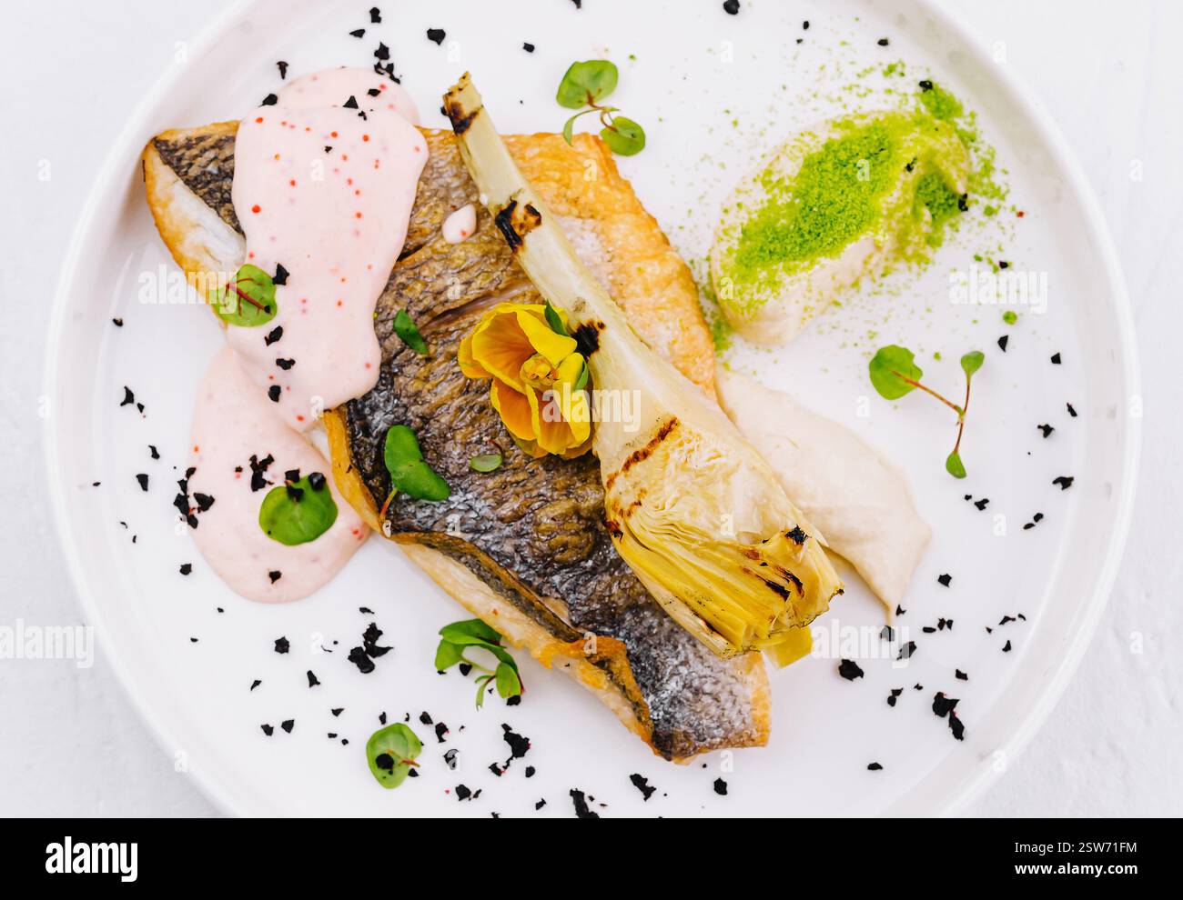 Gourmet pan-seared fish fillet with sauce and garnishes Stock Photo - Alamy