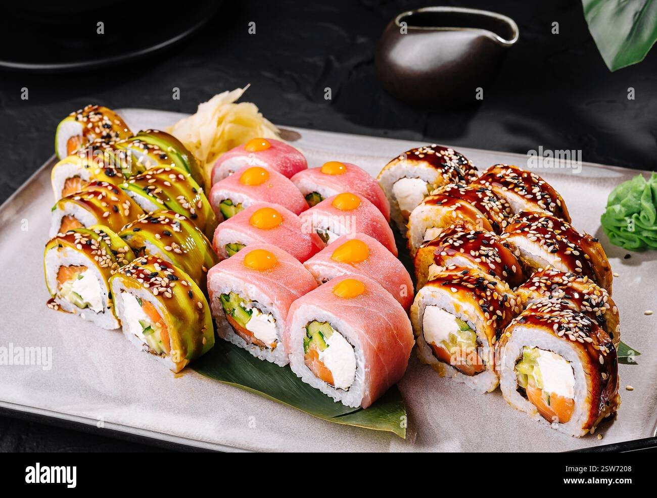 Assorted sushi platter on modern plate Stock Photo - Alamy