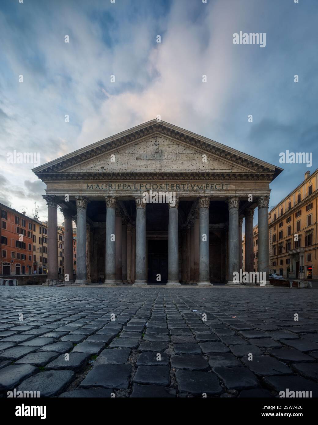 Pantheon, Rome: wide-angle exterior, ancient Roman architecture, columns, pediment, cobblestone ...