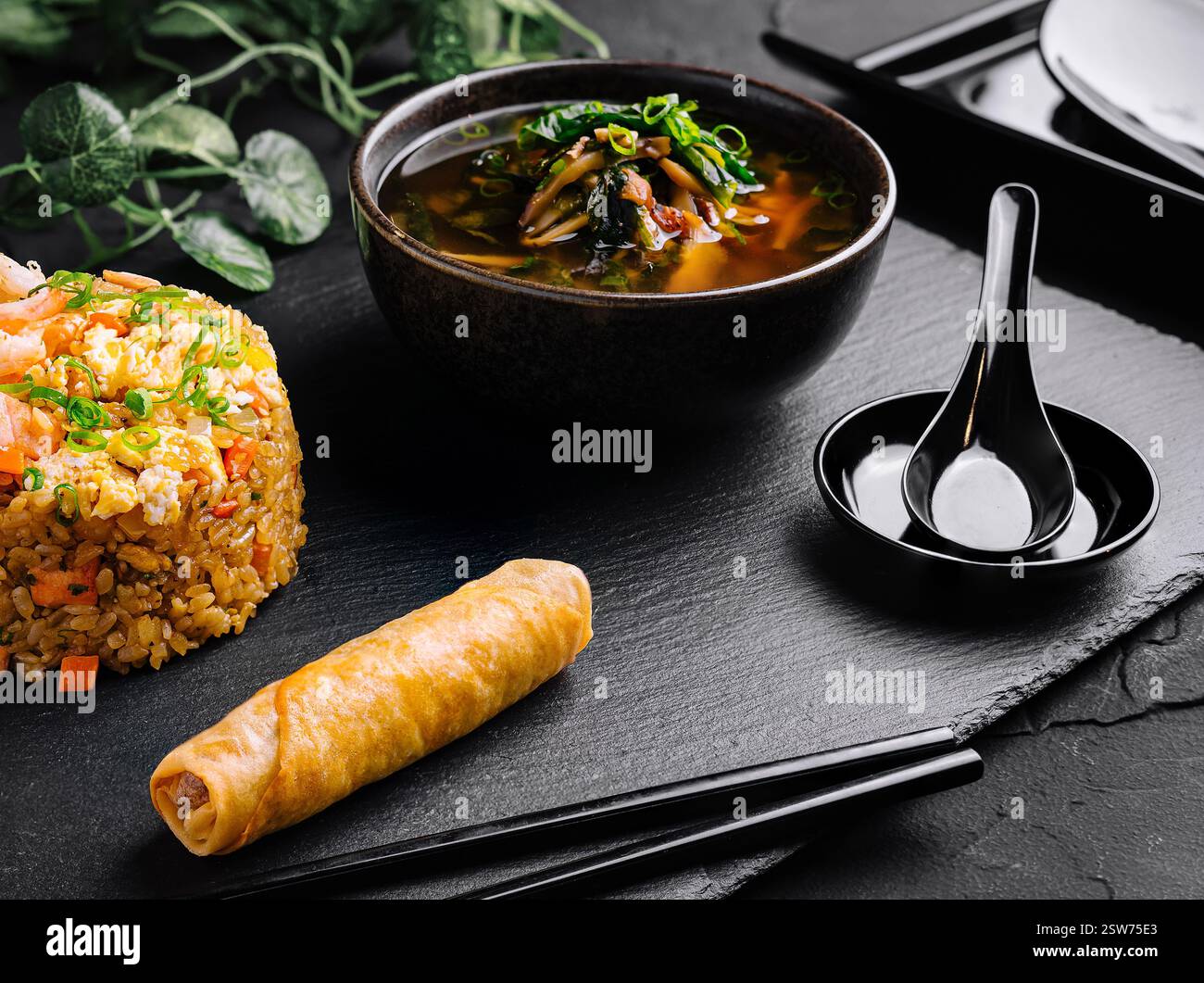 Asian cuisine delight: fried rice, spring roll, and soup Stock Photo ...