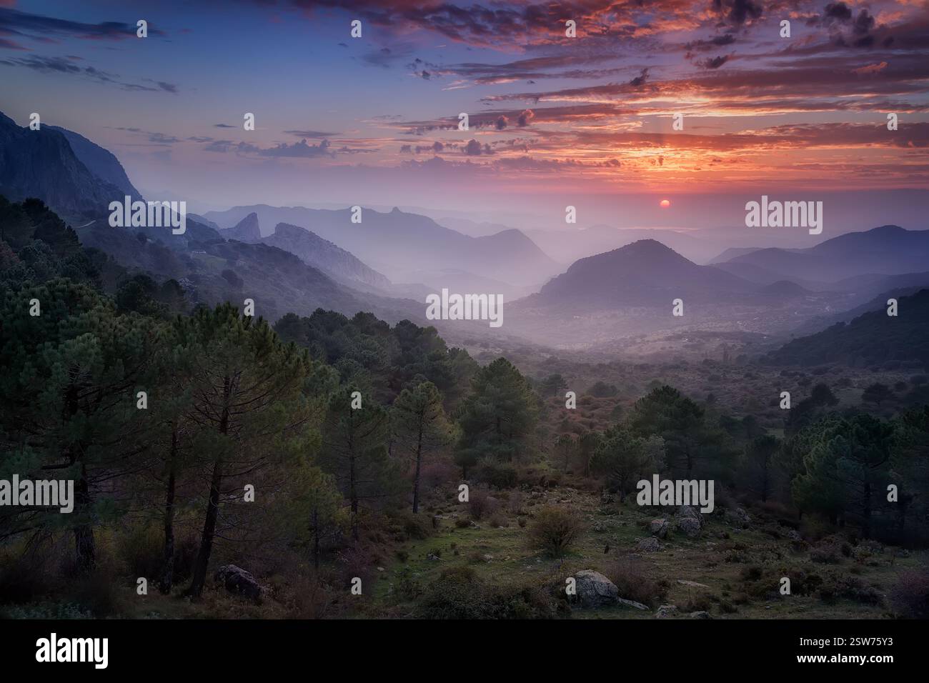 Puerto del Boyar sunset: mountain silhouettes, lush forest, pastel sky ...