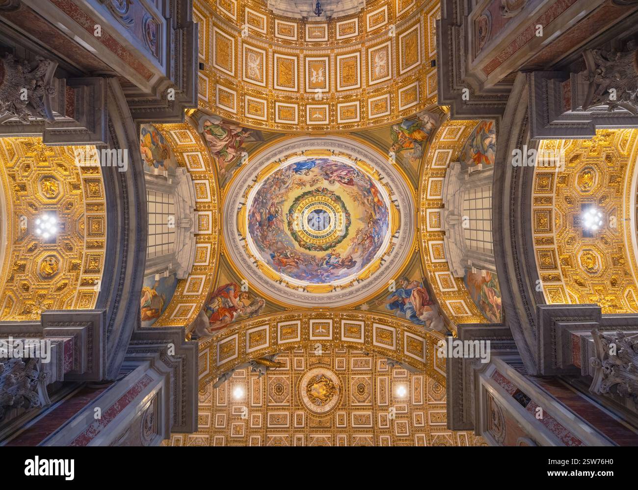 Vatican Basilica ceiling: ornate dome, frescoes, and architectural details create a breathtaking ...