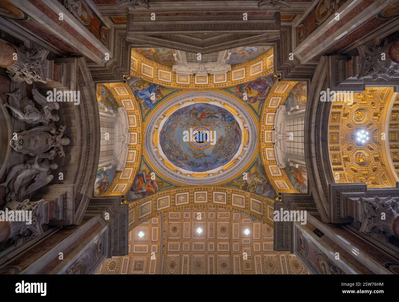 Vatican Basilica ceiling: ornate dome, frescoes, and architectural details create a breathtaking ...