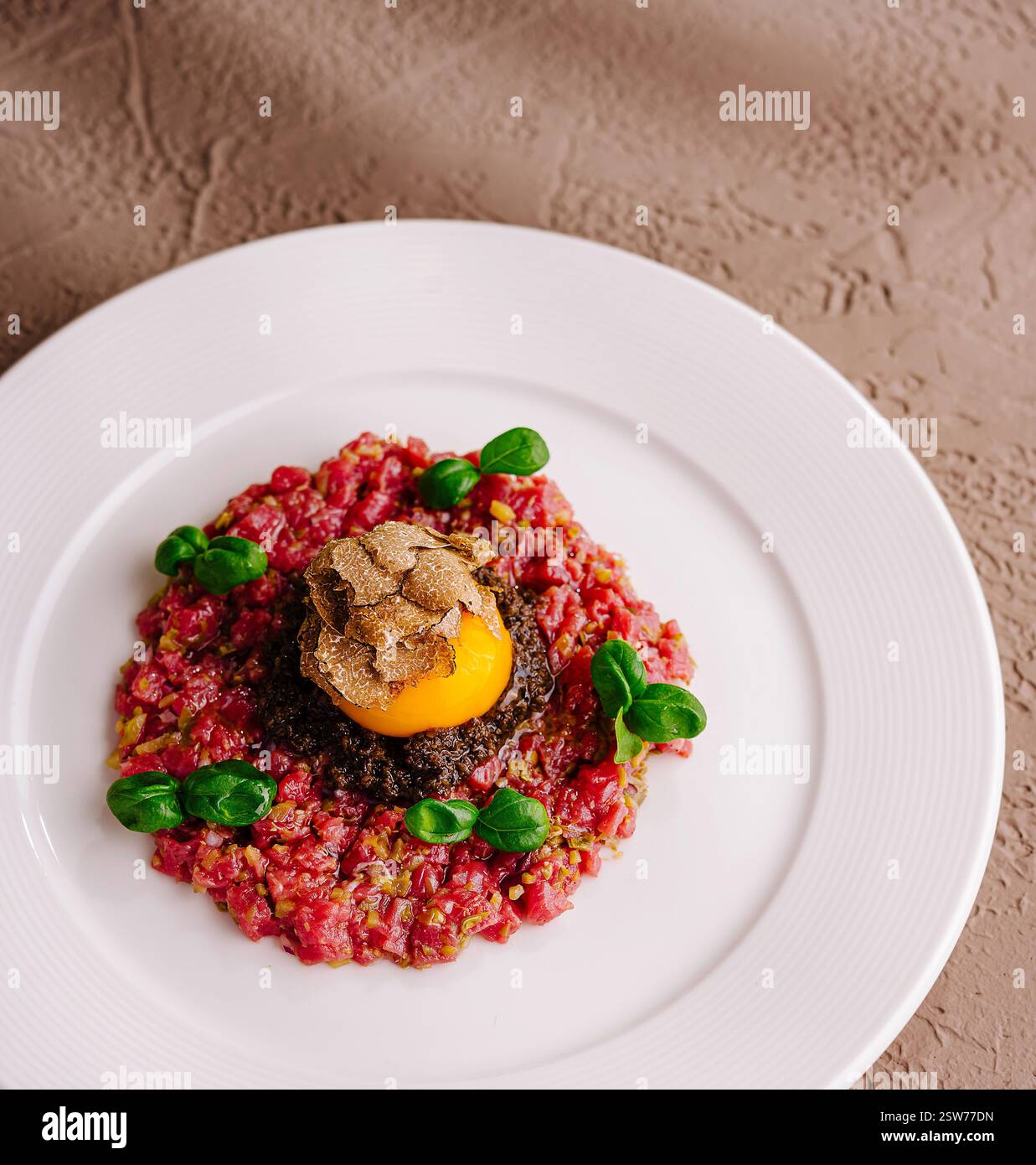 Gourmet tartare with quail egg and truffle Stock Photo - Alamy